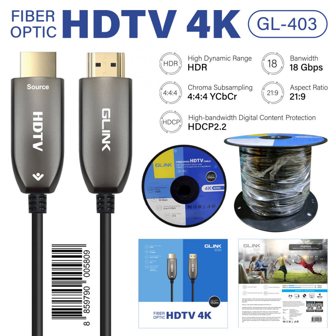 GLINK รุ่นใหม่ GL-403 HDMI Cable Optical Fiber V2.0 4K 60Hz. 18Gbps 30 เมตร